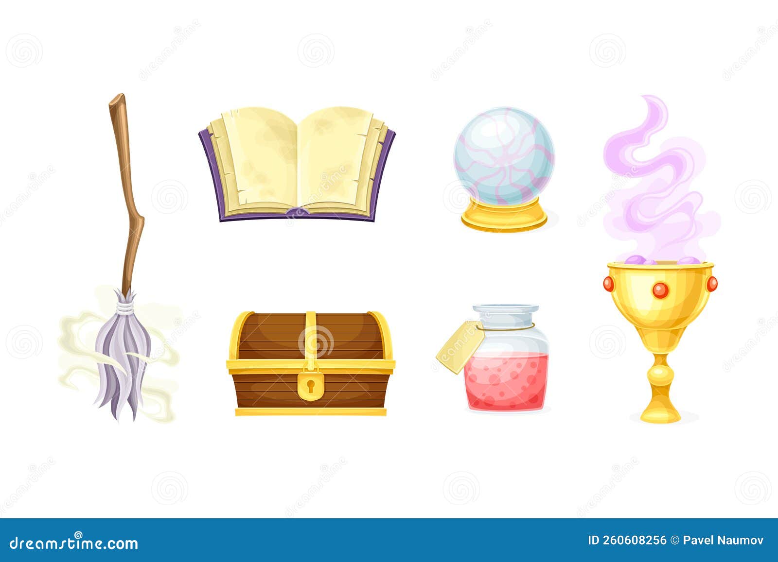 Magical Object and Witchcraft with Broom, Spellbook, Crystal Ball ...