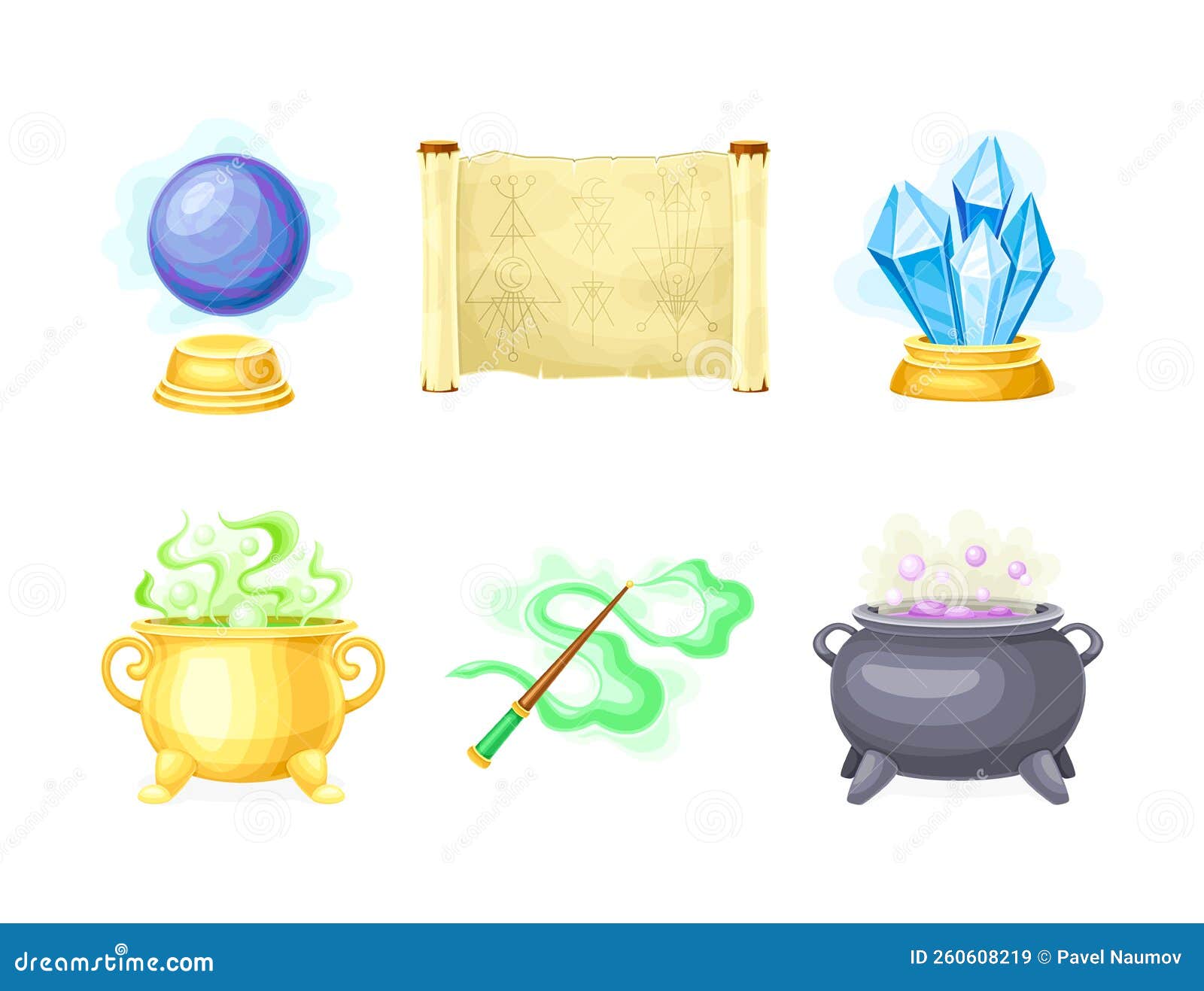 Magical Object and Witchcraft with Crystal Ball, Scroll, Magic Wand and ...