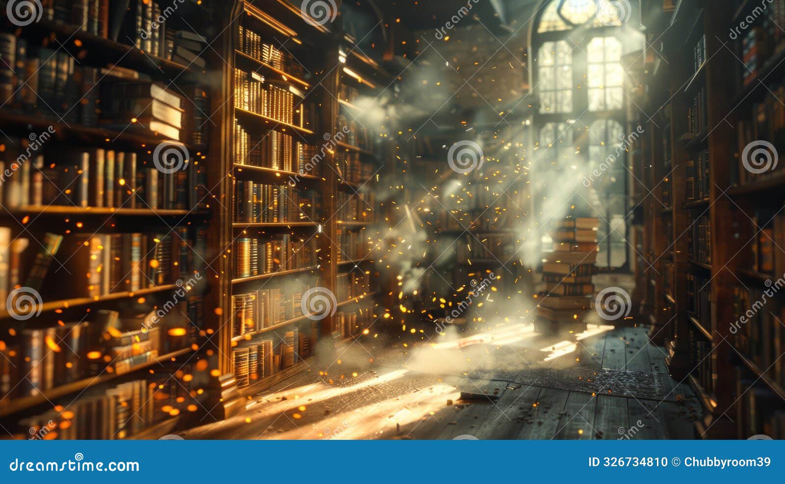 A Magical Old Library with Rays of Sunlight Streaming through a Stained ...