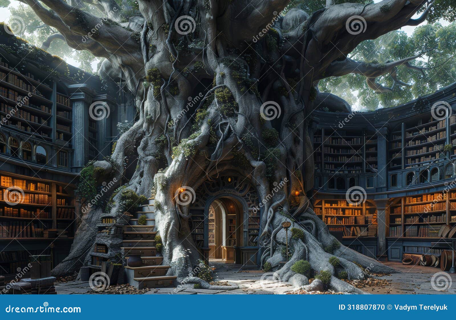 Magical Old Tree House Library Stock Photo - Image of misty, plant ...