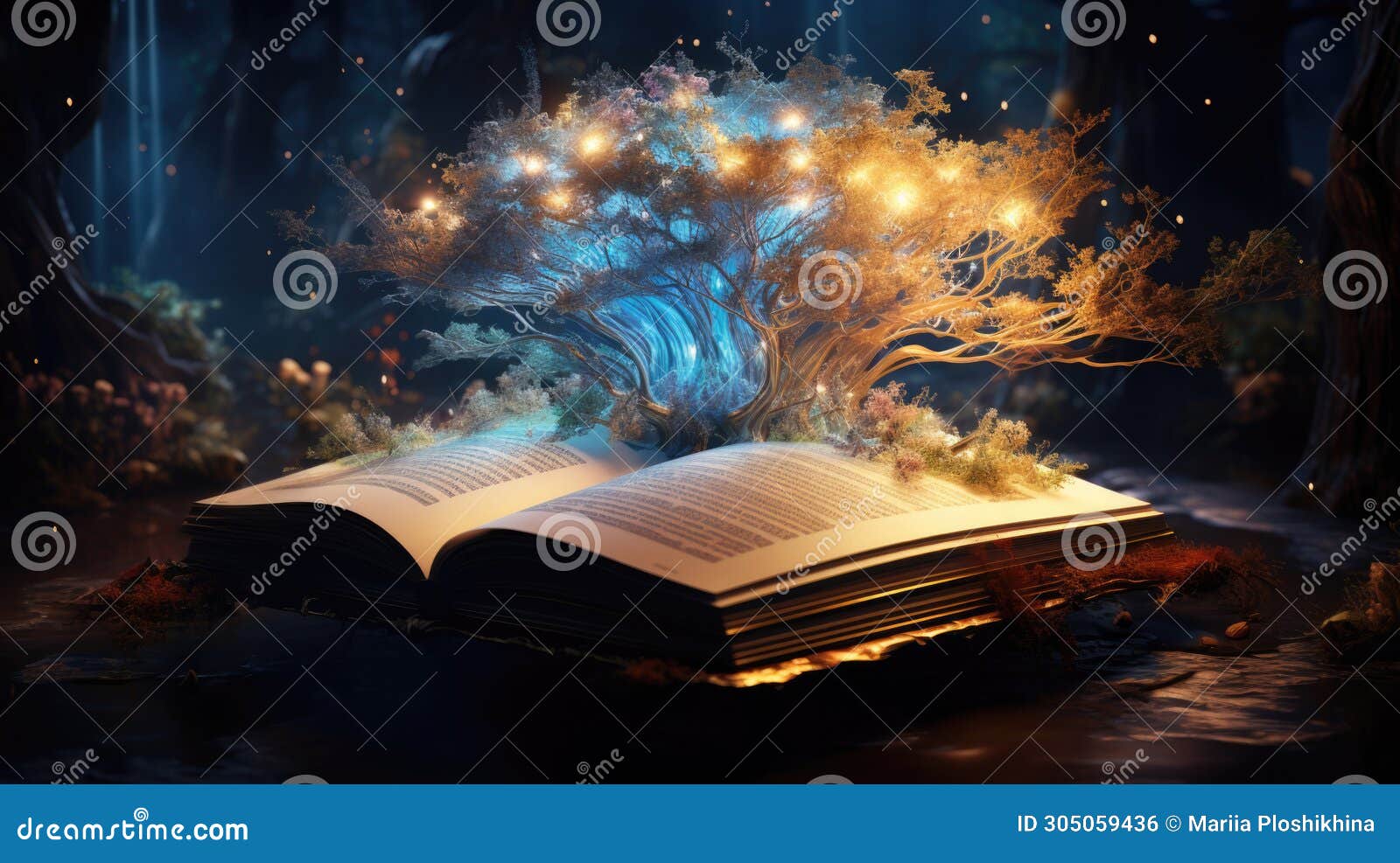Magical Open Book Emitting a Glowing Tree with Lights in a Mystical ...