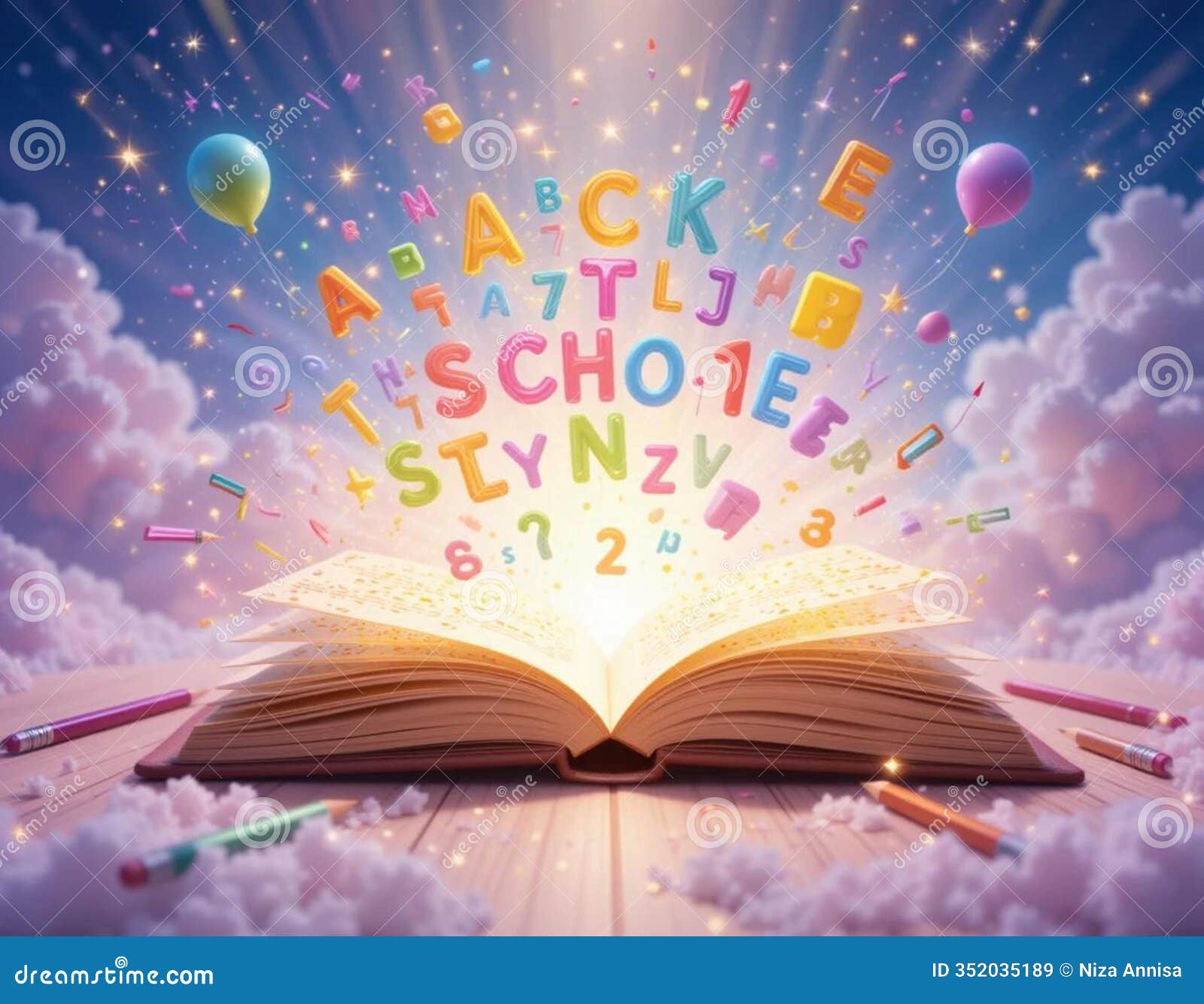 Magical Open Book with Letters and Numbers Soaring into the Sky Stock ...