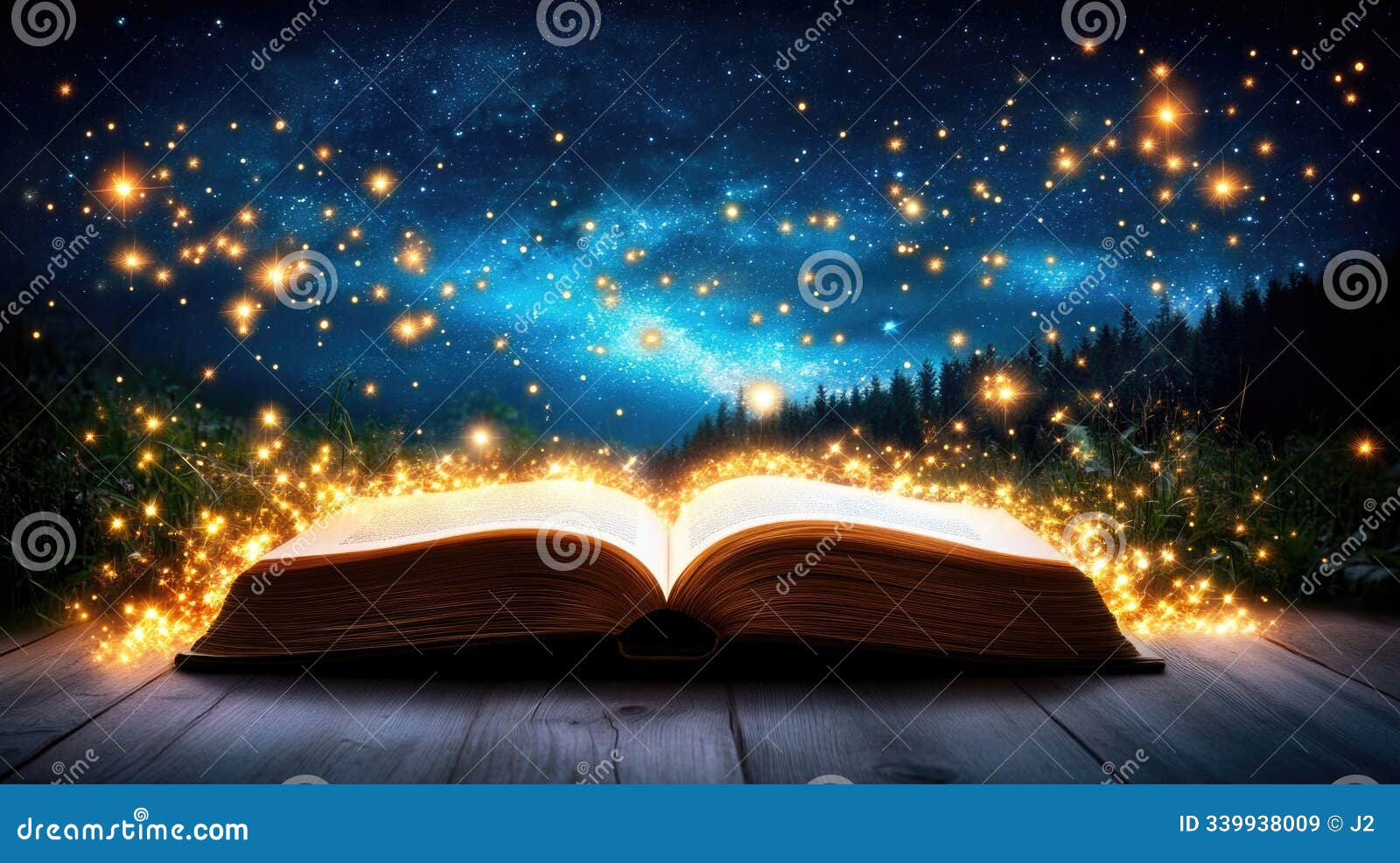 Magical Open Book Under Starry Night Sky with Glowing Sparkles Stock ...