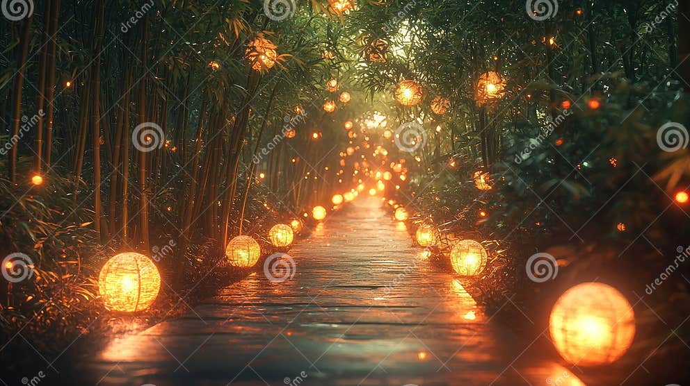 Magical Pathway through a Forest Lit by Lanterns and Fireflies Stock ...