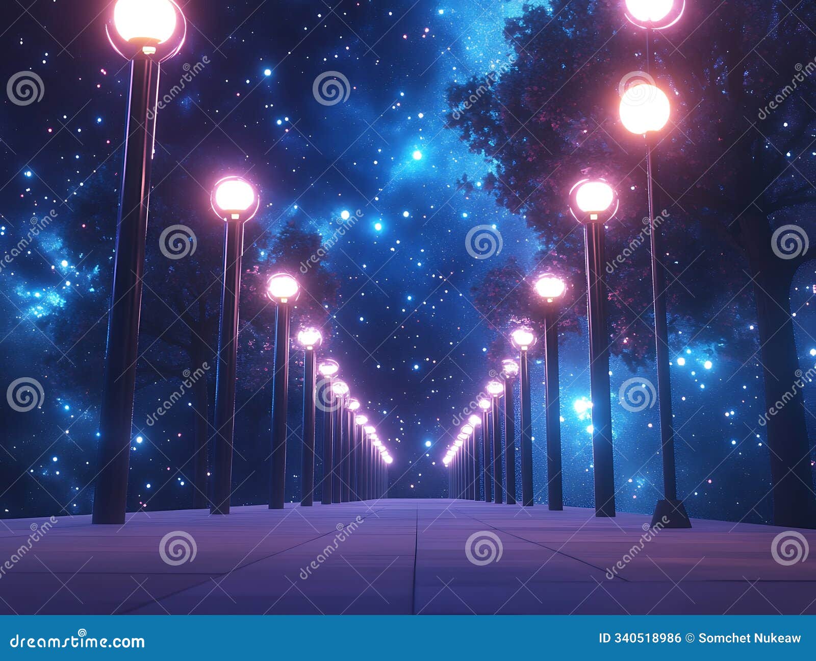 Magical Pathway Lined with Glowing Lamps Under a Starry Sky Stock ...