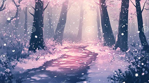 Magical Pink Forest Path with Snowfall and Stream Stock Illustration ...