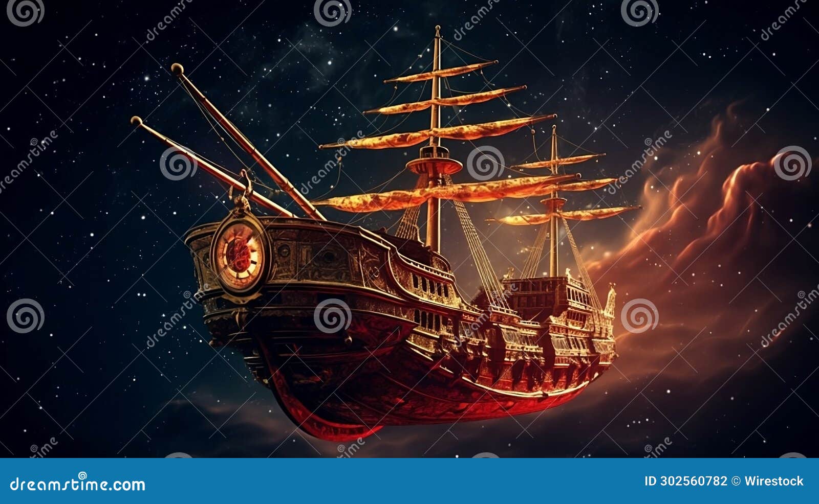 Magical Pirate Ship Pictured In The Starry Sky. AI-generated. Stock ...