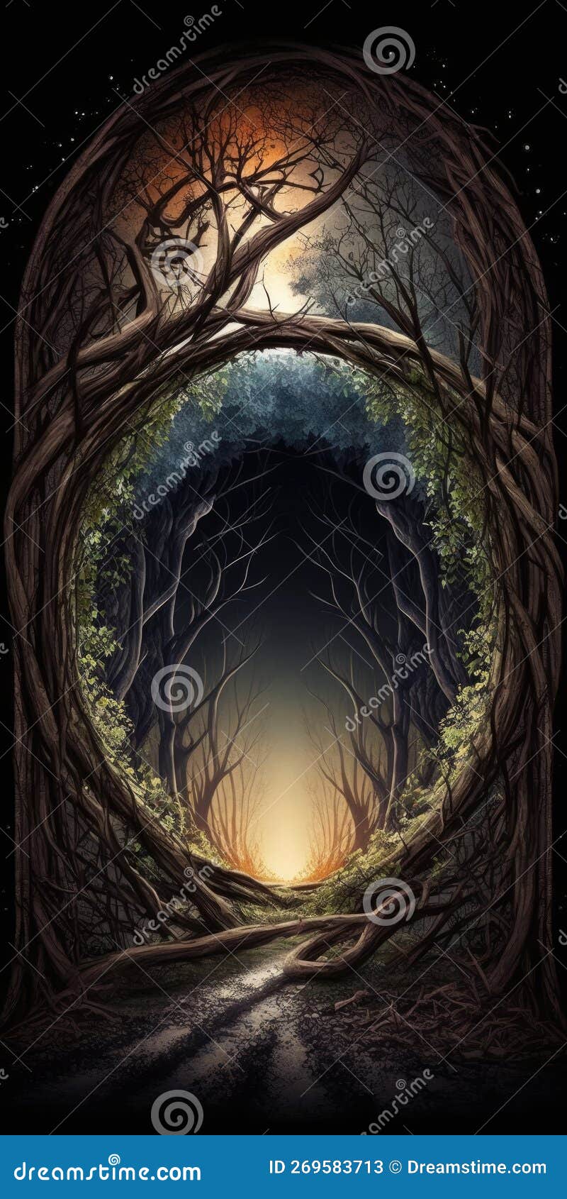 Magical Portal with Arch Made with Tree Branches in for Illustration ...