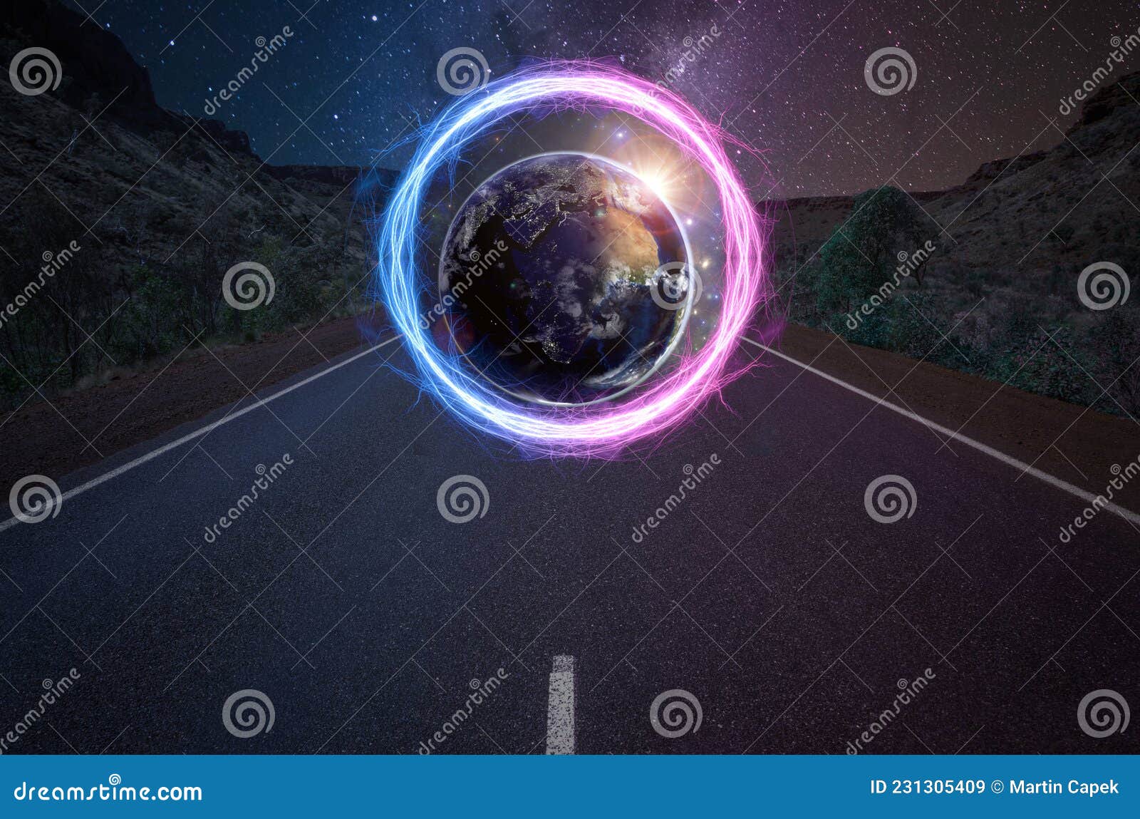 Portal on the Empty Highway, Planet Earth Behind the Portal Stock ...