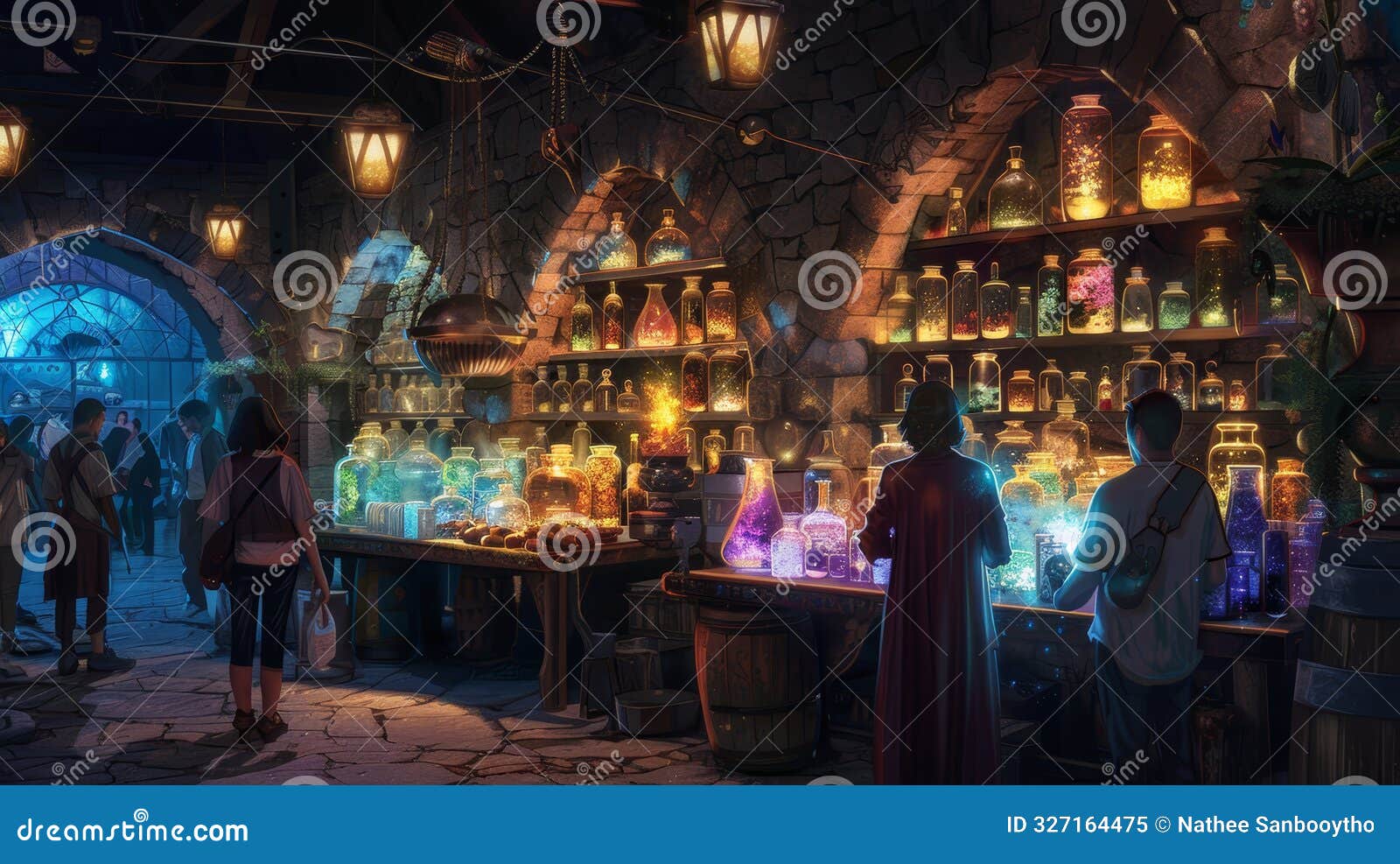 Magical Potion Shop Interior With Glowing Bottles Royalty-Free Stock ...