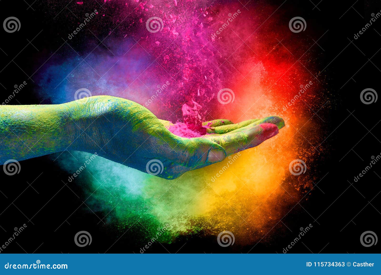 Magical Rainbow Colored Dust Exploding from a Hand. Holi Festival Stock ...