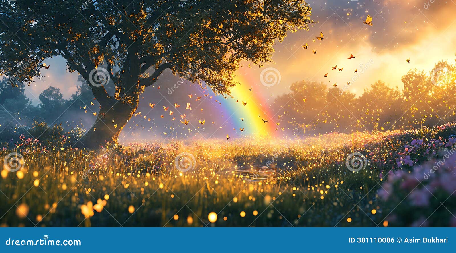 Rainbow On Sunset Sky Across A Stunning Vista Landscape,mountains ...