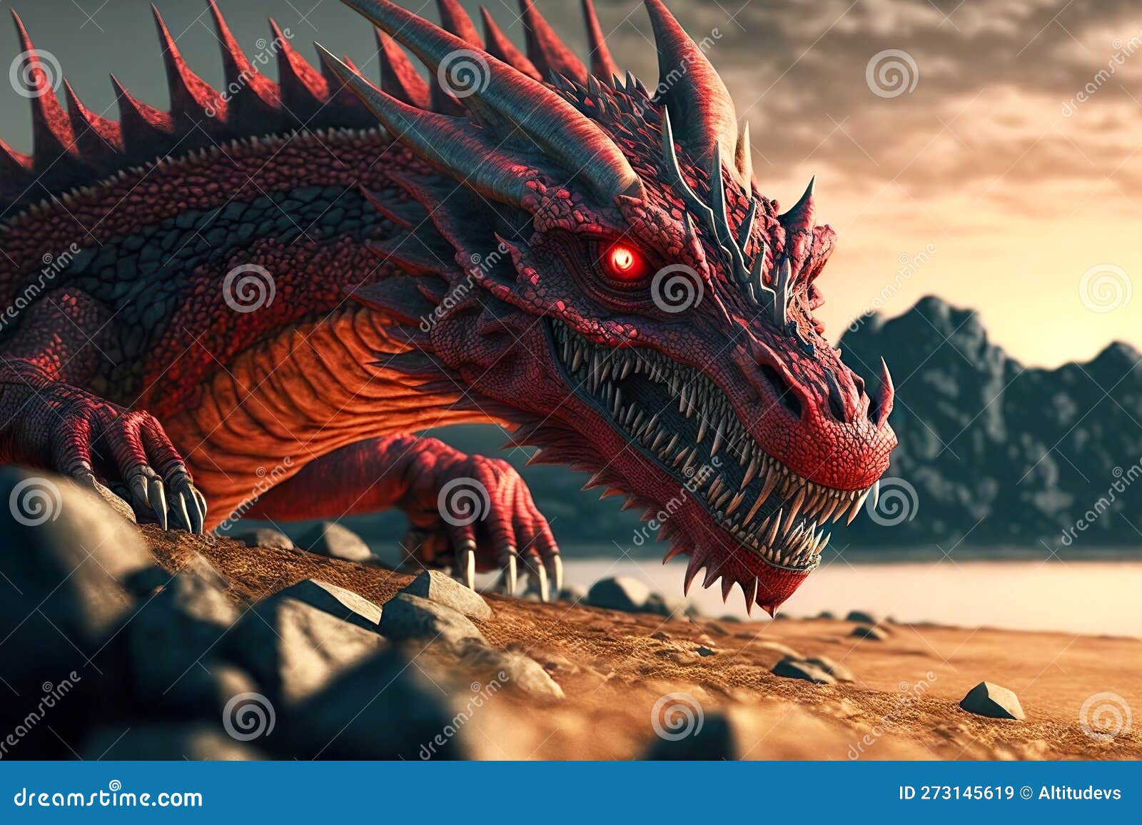 Magical Red Dragons Lurking on Stone Against Backdrop of Mountains ...