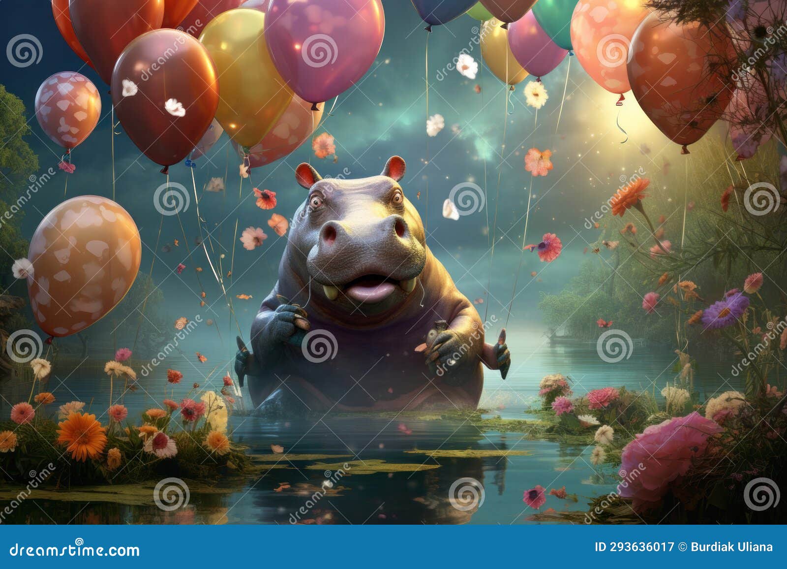 Magical Scene Featuring an Hippo Floating with Balloons, AI Generative ...