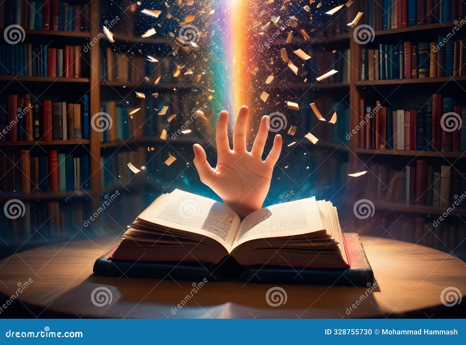 A Magical Scene Featuring an Open Book with a Hand Reaching Out from it ...
