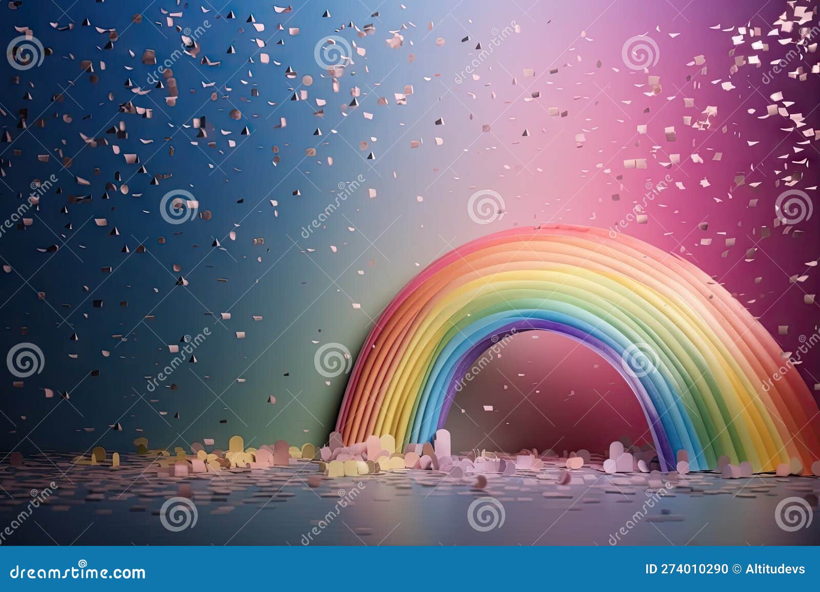 Magical Scene with Raining Confetti and Rainbow Background Stock ...
