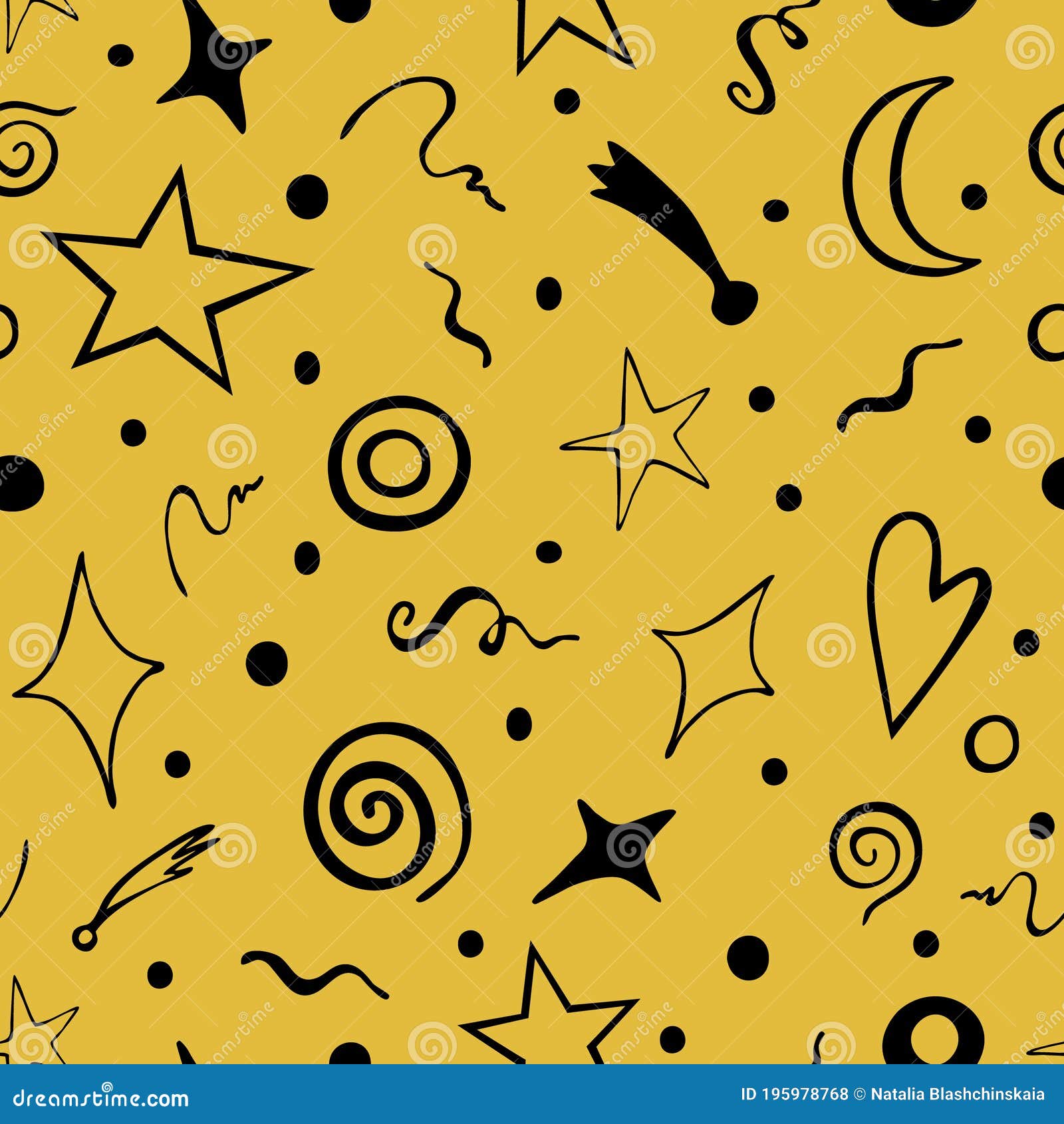 Magical Seamless Pattern of Stars, Swirls, the Moon, Comets, and ...