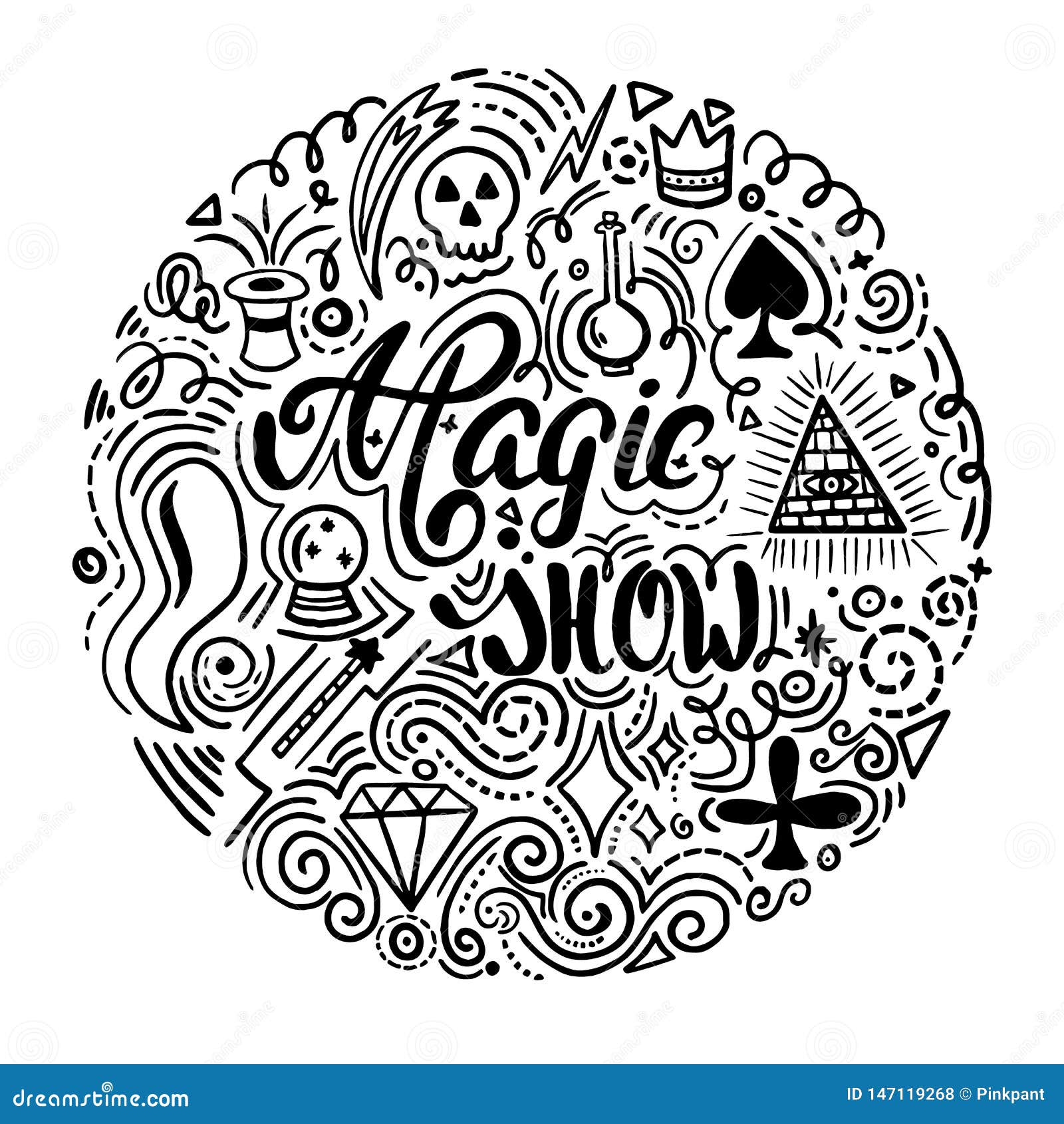Magical Show. Vector Hand Lettering. Magical Items Doodle Drawing ...