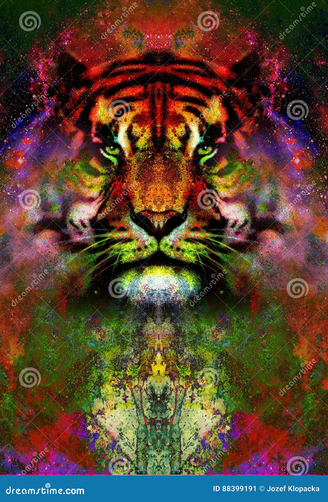 Magical Space Tiger, Multicolor Computer Graphic Collage. Space Fire ...