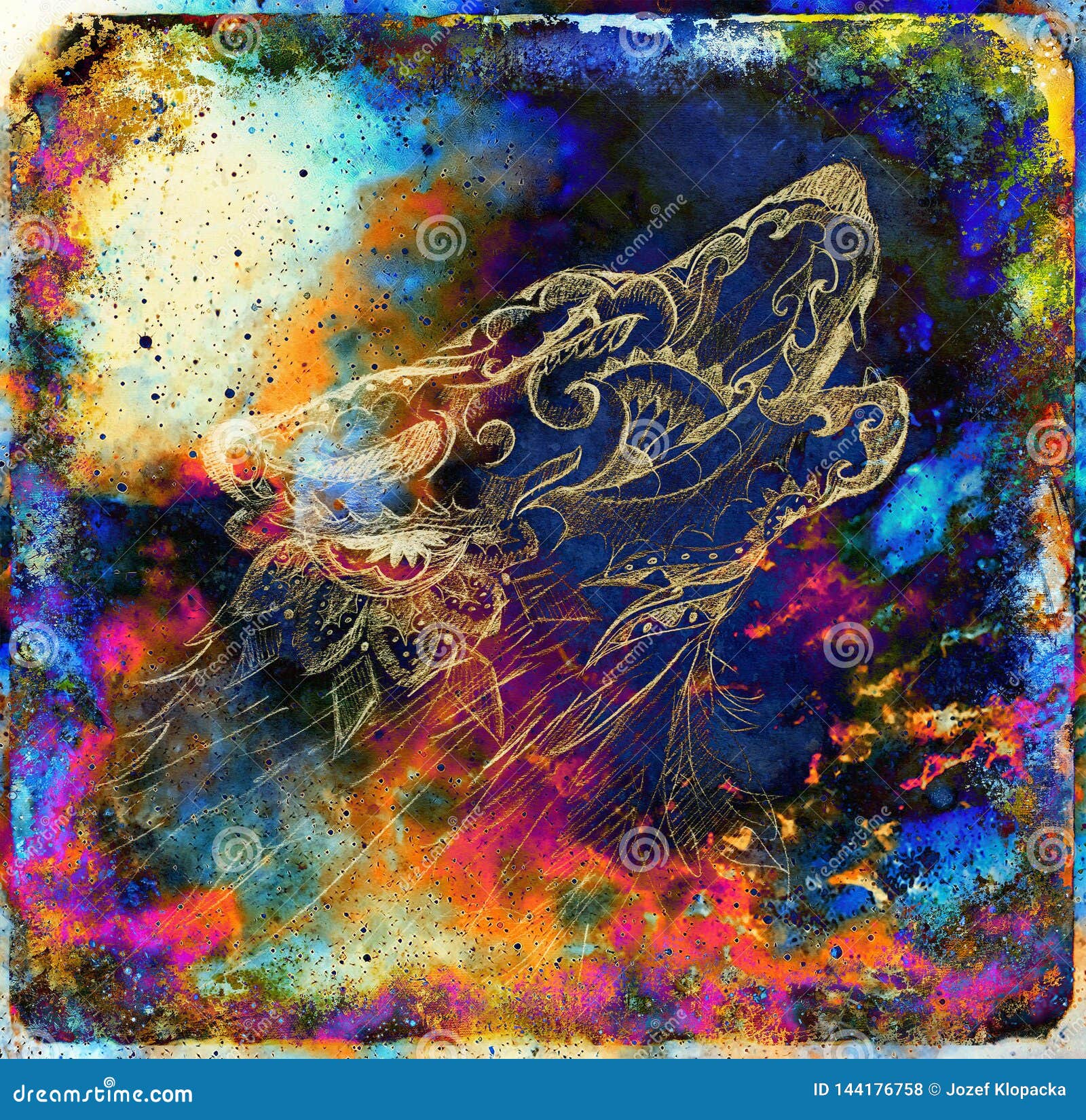 Magical Space Wolf, Multicolor Computer Graphic Collage. Stock ...