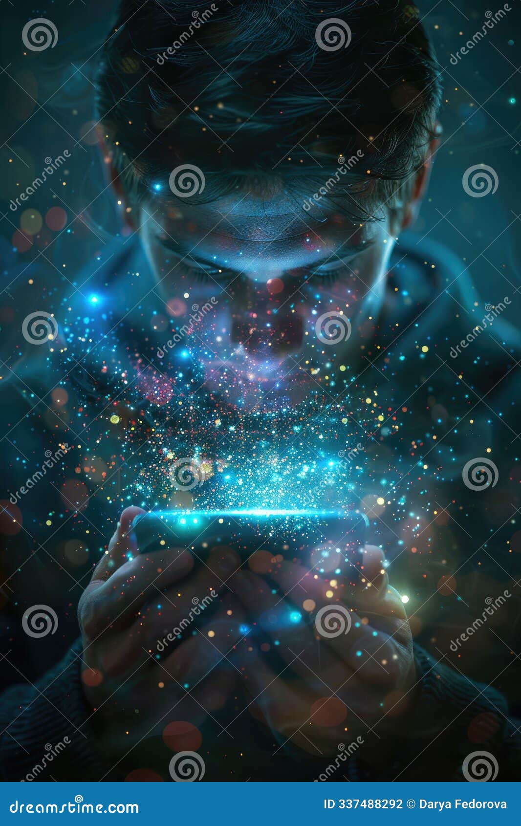 Magical Sparkles Emanating from Smartphone with Enchanted Young Man in ...