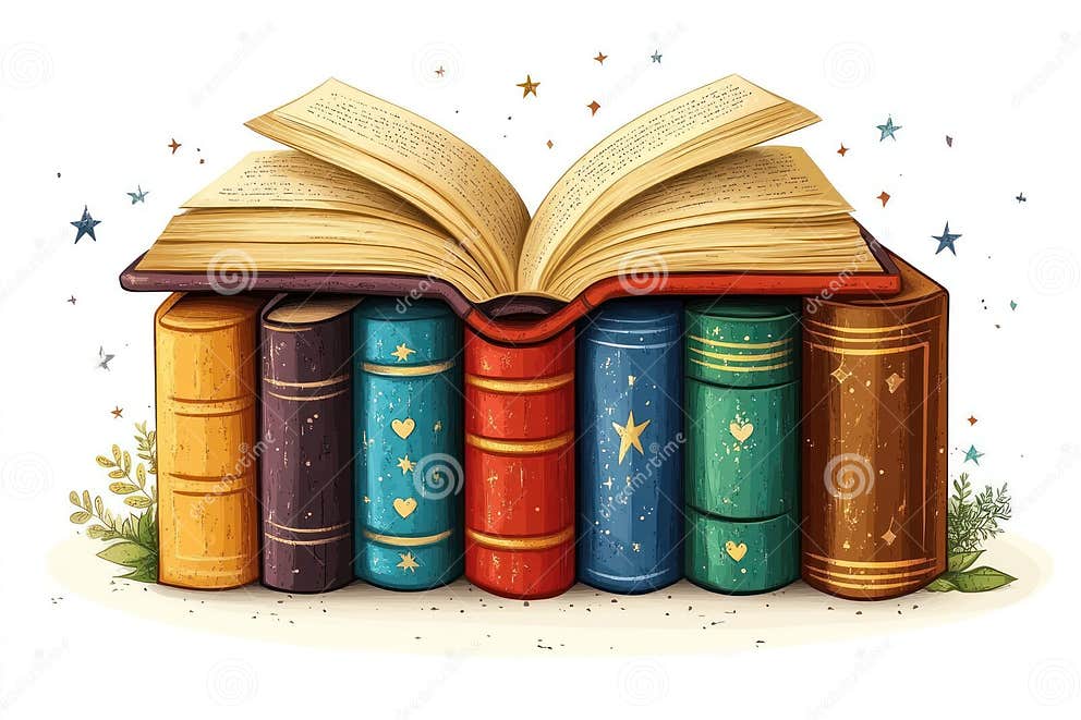 Magical Stack of Open Book with Golden Stars Illustration Stock ...
