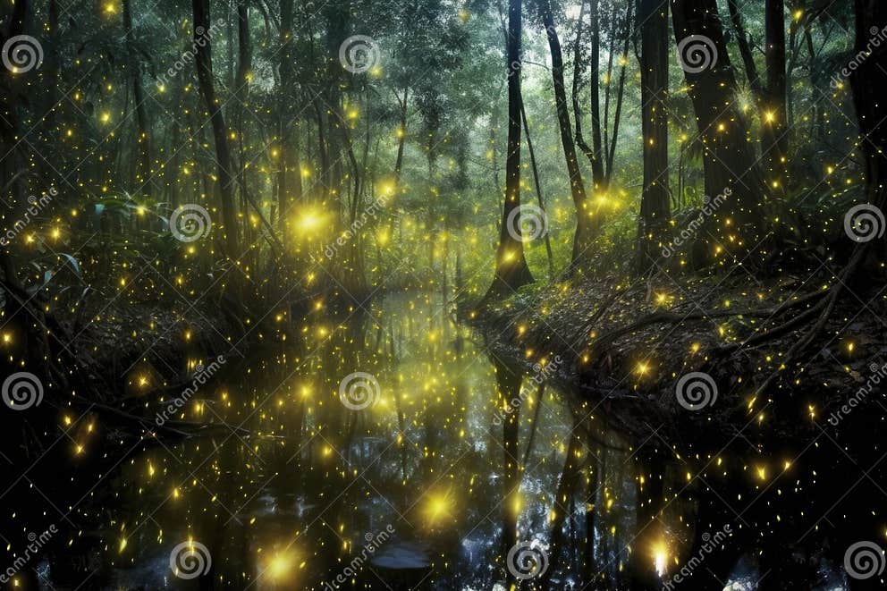 A Magical, Star-like Pattern of Fireflies Above the Swamp Surface Stock ...