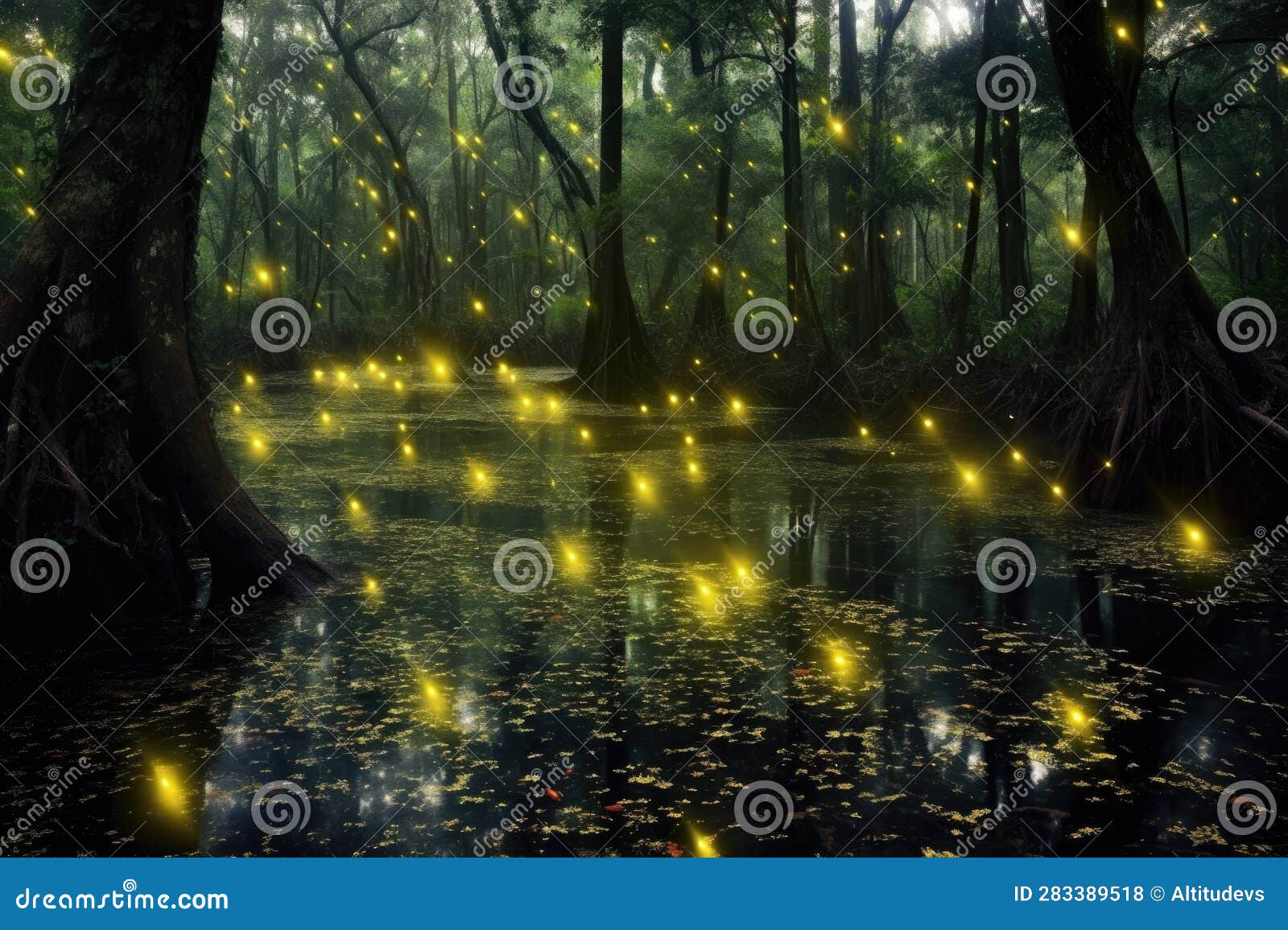 A Magical, Star-like Pattern of Fireflies Above the Swamp Surface Stock ...