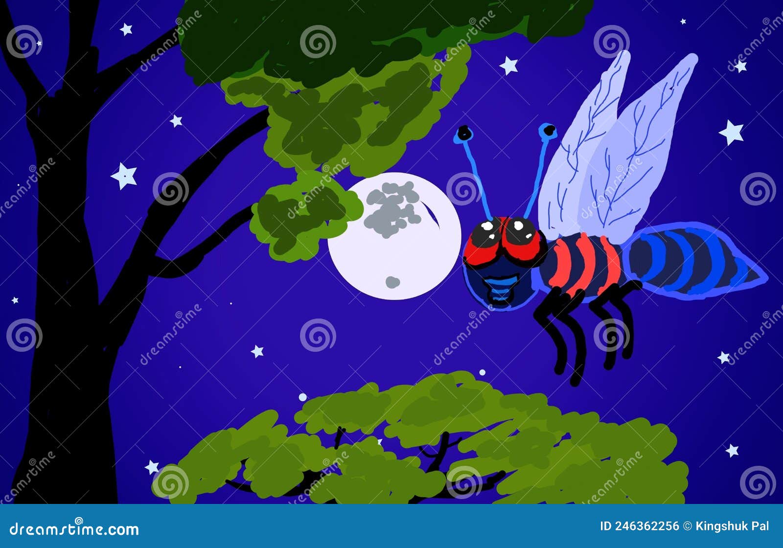 Magical Starry, Moon Night, with Bee and Tree. Stock Photo - Image of ...