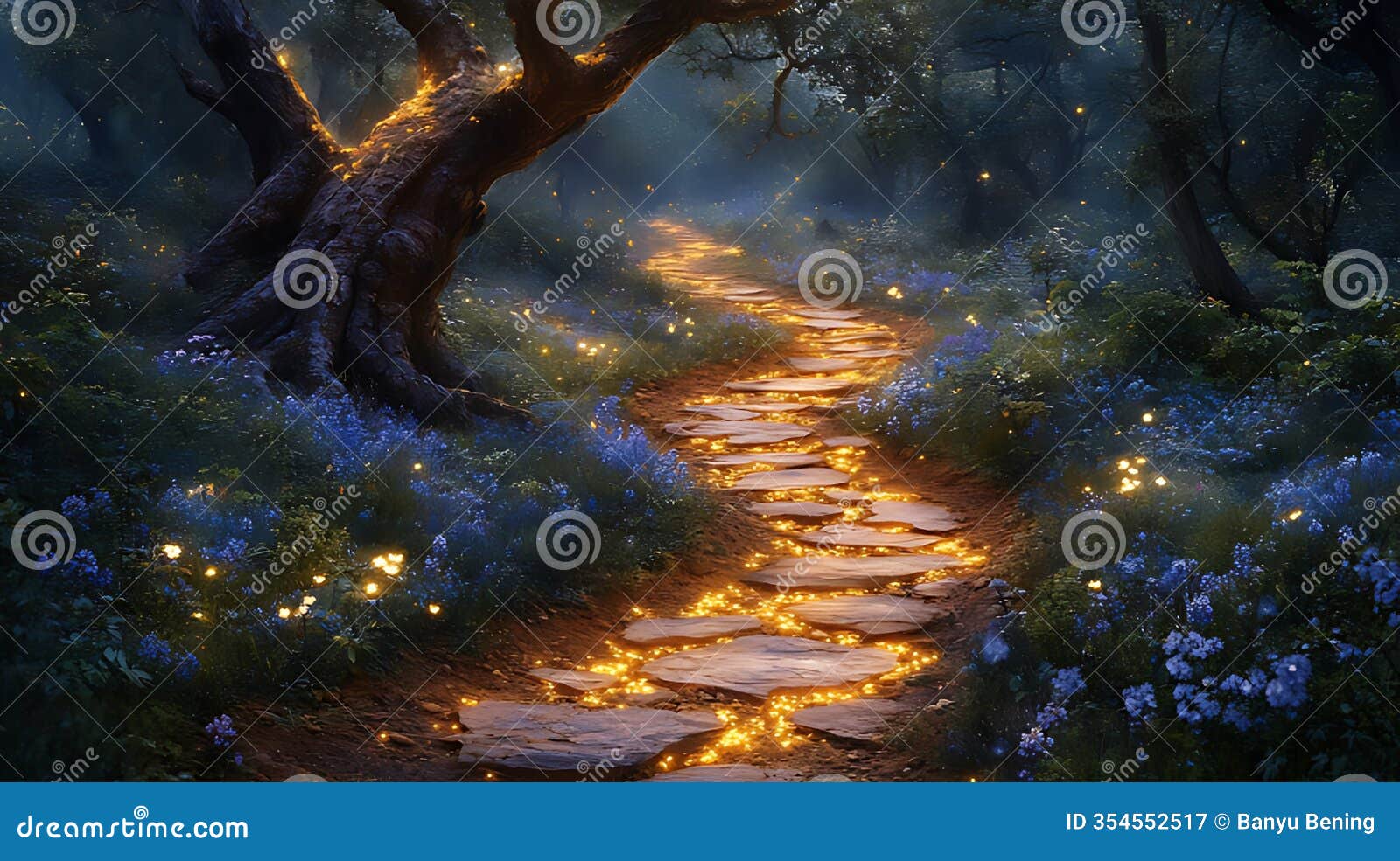 Magical Stone Path Winding through a Mystical Forest at Night, Glowing ...