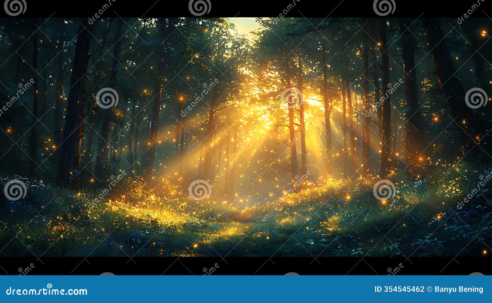 Magical Sunset in an Enchanted Forest with Fireflies Stock Illustration ...