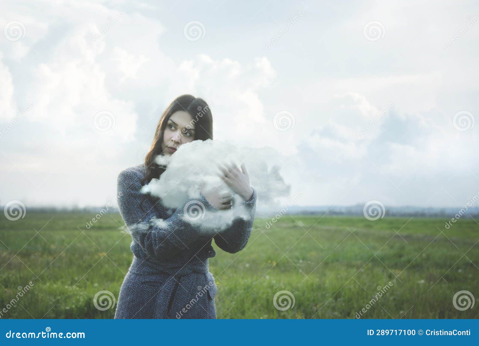 Magical Surreal Moment of a Woman Warmly Hugging a Cloud Stock Photo ...