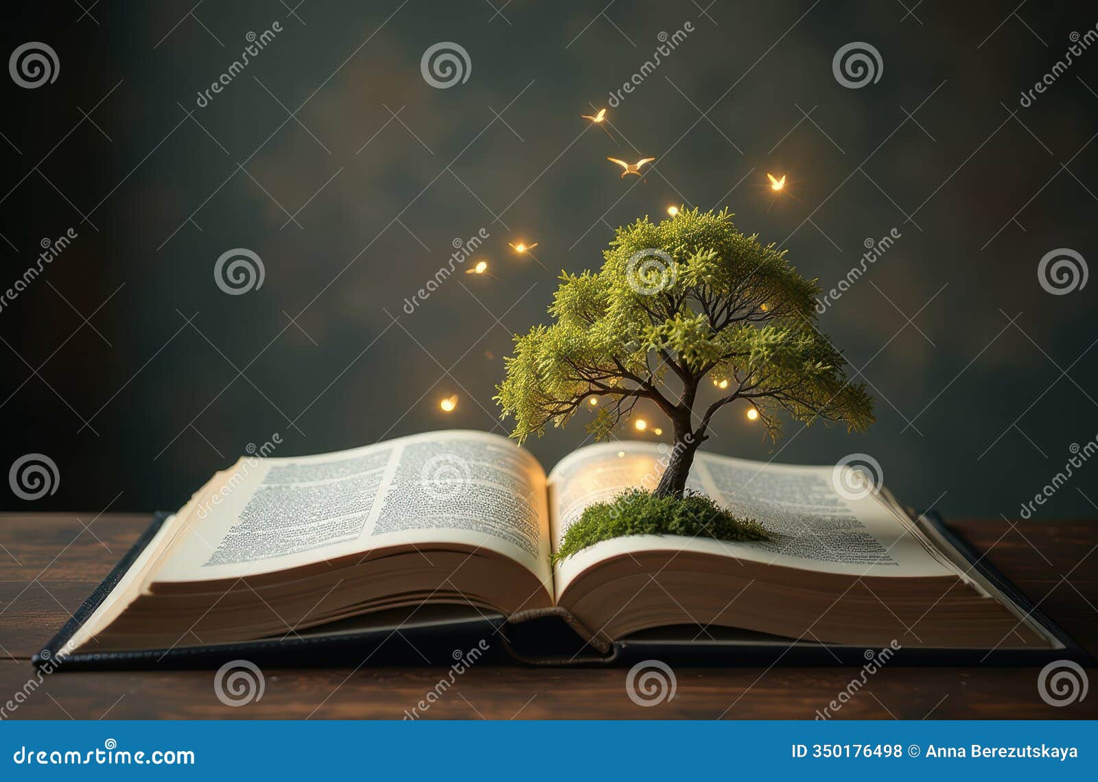 Magical Tree Emerging from Open Book with Glowing Birds at Twilight ...
