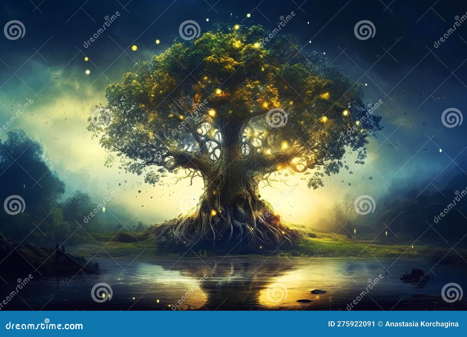 A Magical Tree of Life in the Forest Surrounded by Lights. Generative ...