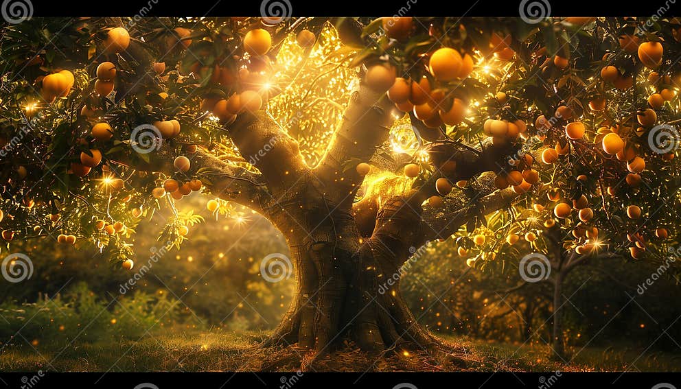 A Magical Tree with Shining Fruit at Sunset Stock Illustration - Illustration of tree, mystical ...