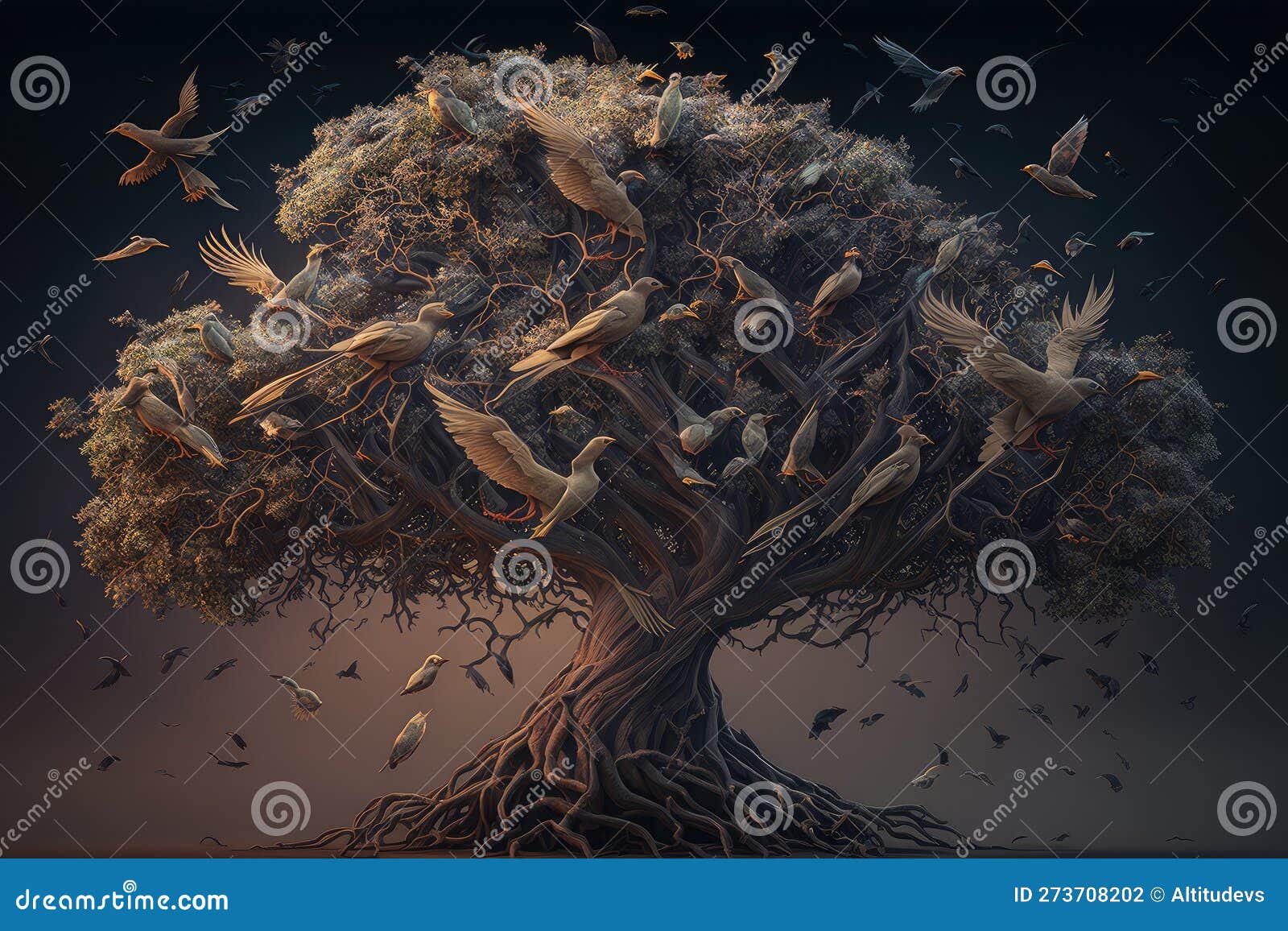 Magical Tree Surrounded by Flock of Birds or Other Winged Creatures ...