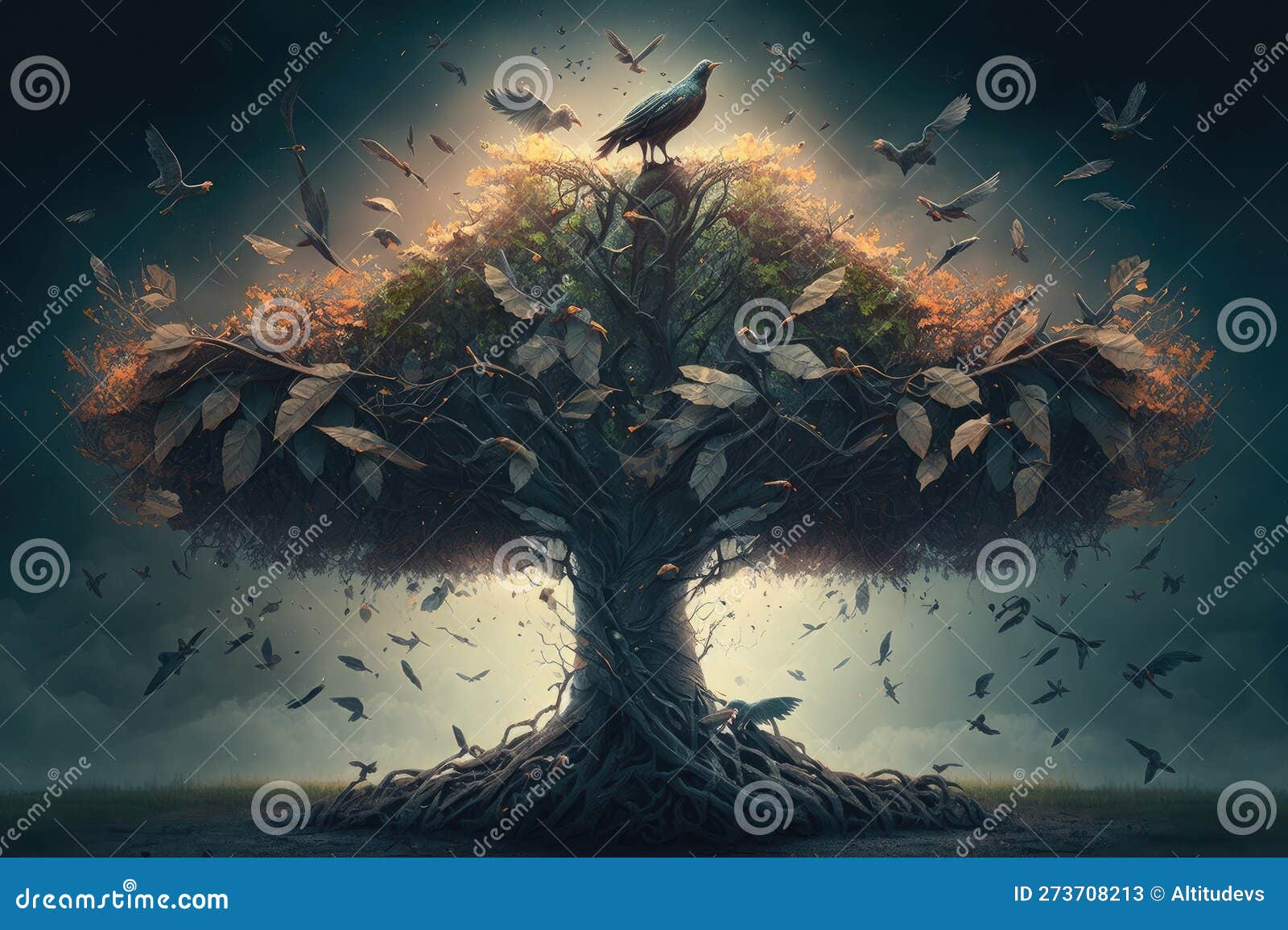 Magical Tree Surrounded by Flock of Birds or Other Winged Creatures ...