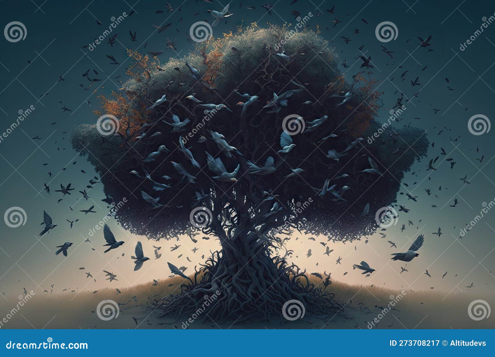Magical Tree Surrounded by Flock of Birds or Other Winged Creatures ...