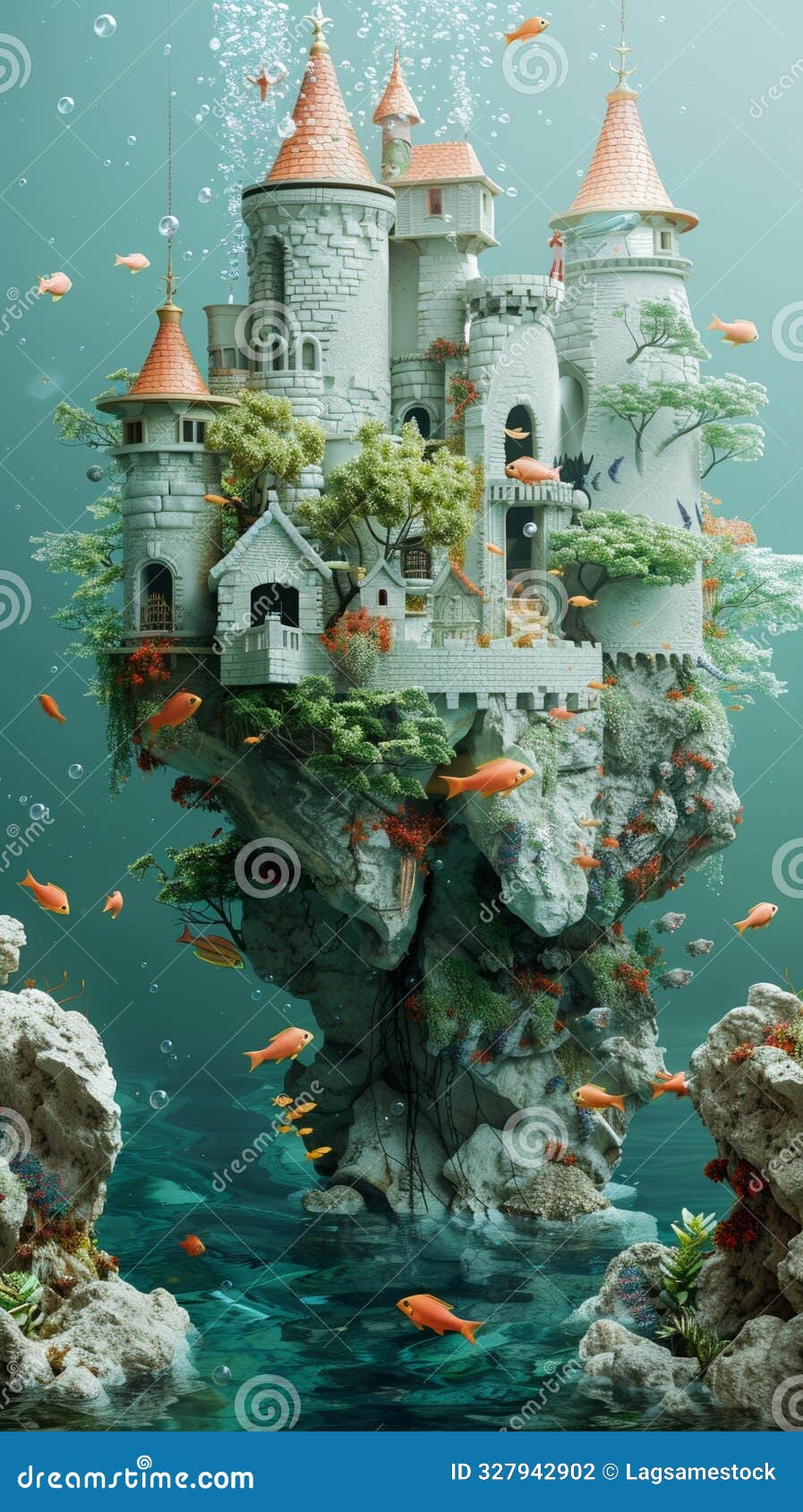 Magical Underwater Kingdom and Castle with Many Fish Stock Illustration ...
