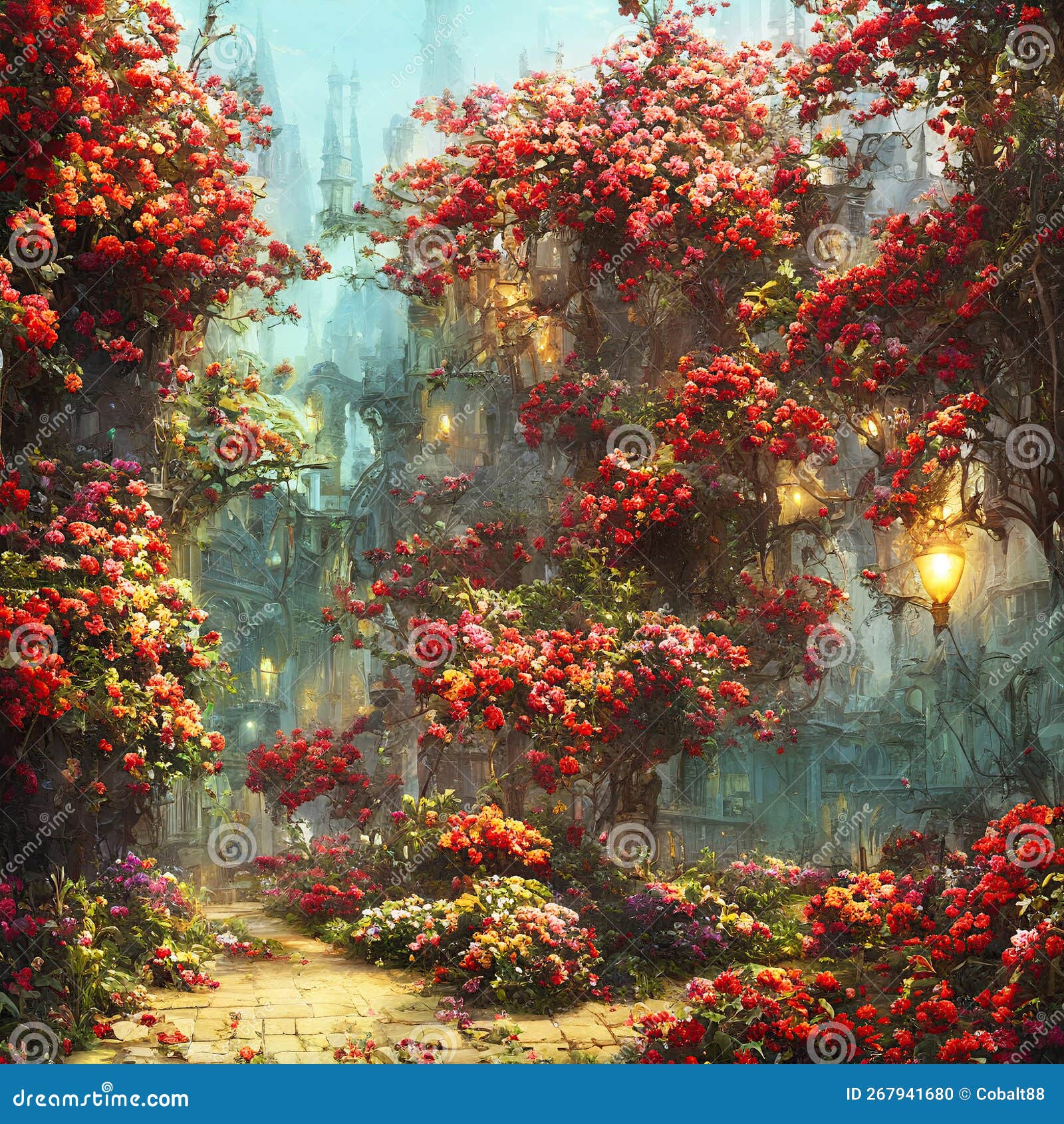 Magical View of the Path among Roses with Lanterns, Many Red Roses ...