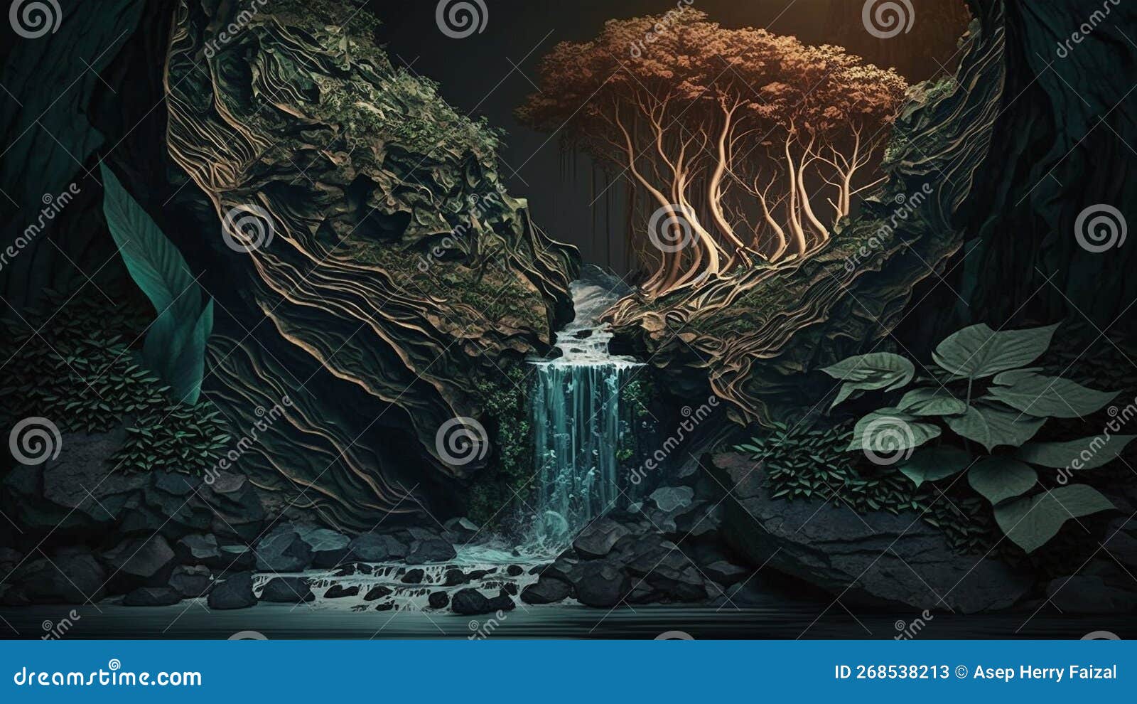 Magical Waterfall in Forest Stock Illustration - Illustration of dreamy ...