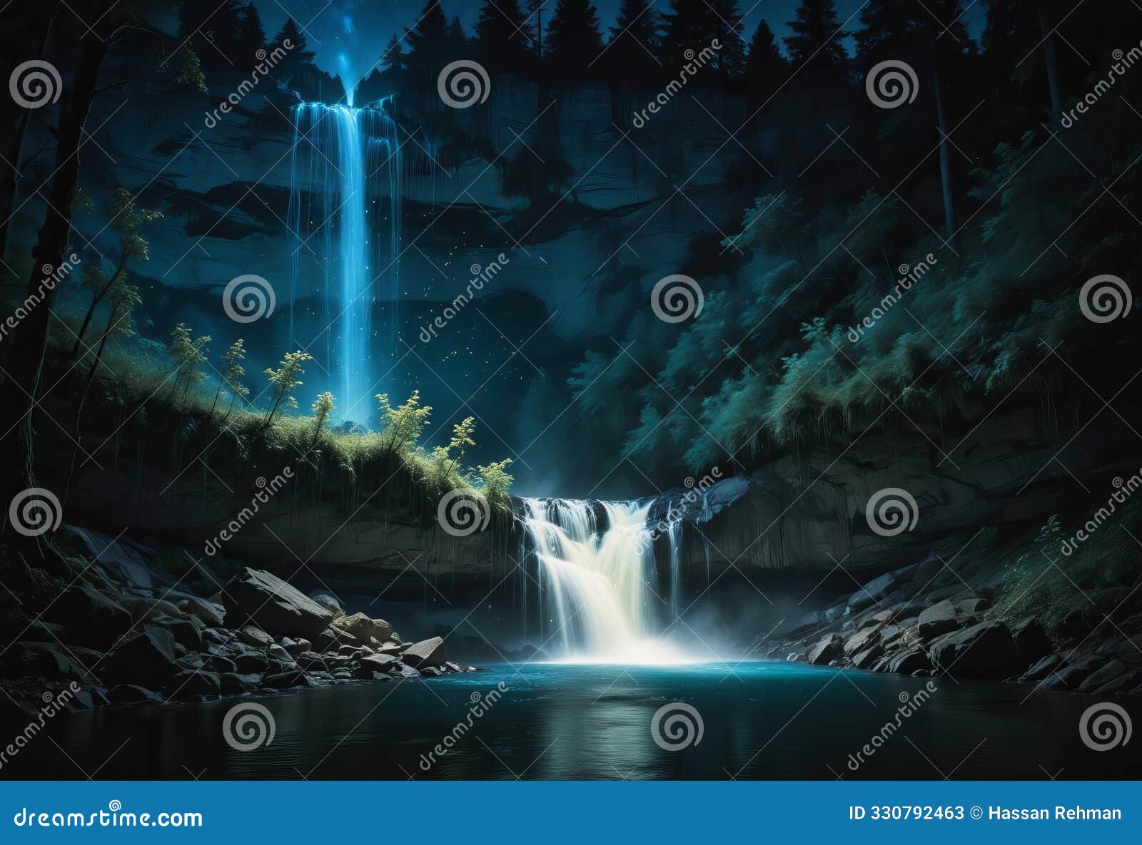 A Magical Waterfall at Night with Glowing Fireflies and a Mystical ...