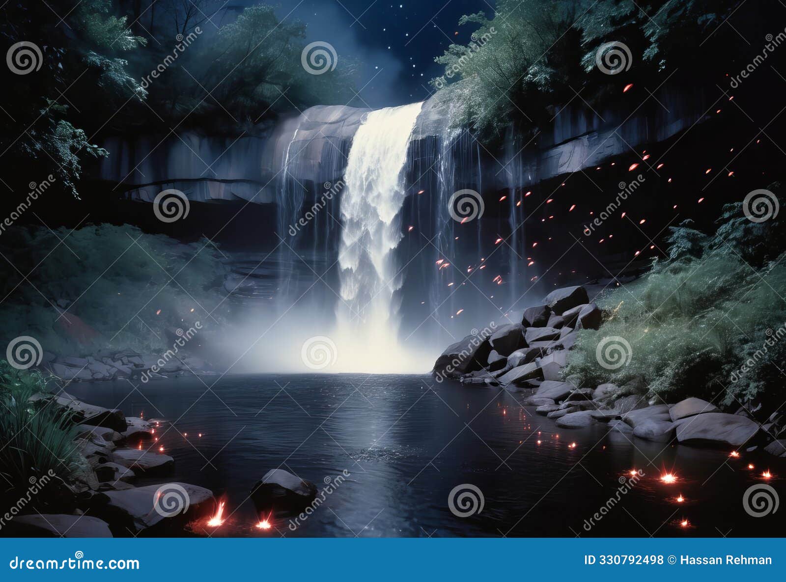 A Magical Waterfall at Night with Glowing Fireflies and a Mystical ...