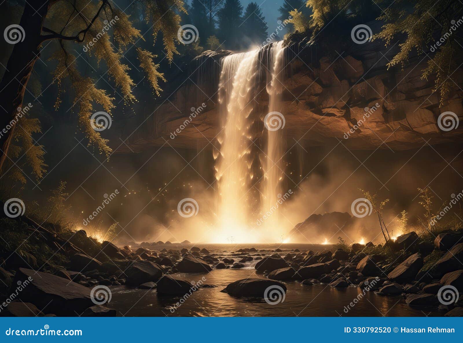 A Magical Waterfall at Night with Glowing Fireflies and a Mystical ...