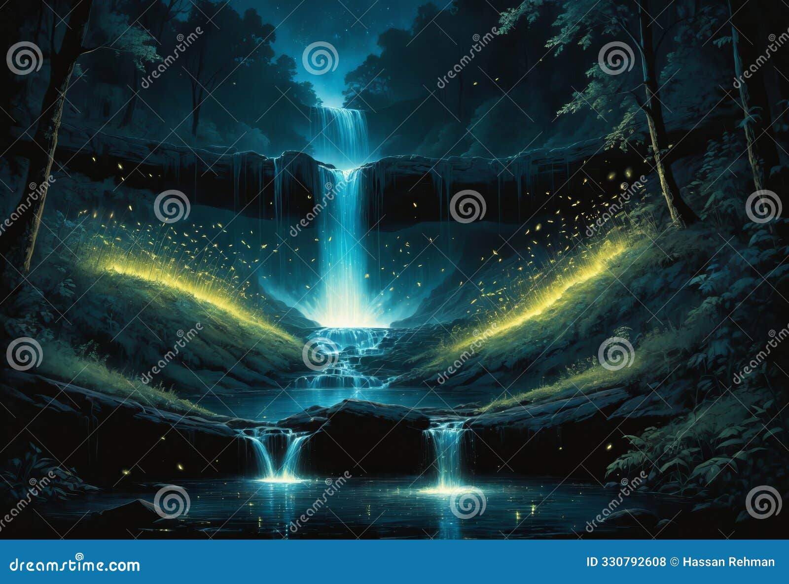 A Magical Waterfall at Night with Glowing Fireflies and a Mystical ...