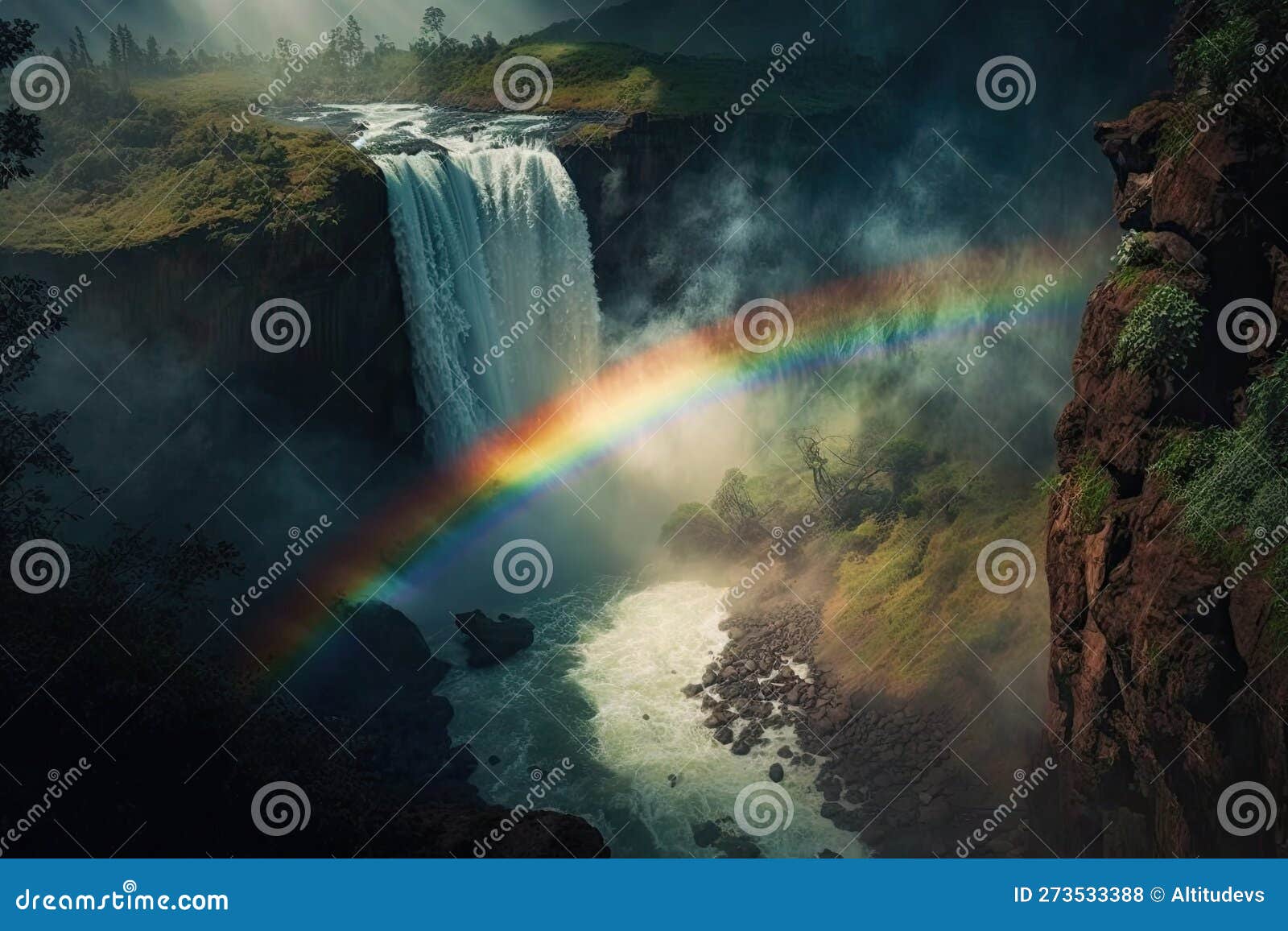 Magical Waterfall with Rainbow, Surrounded by Mist and Greenery Stock ...