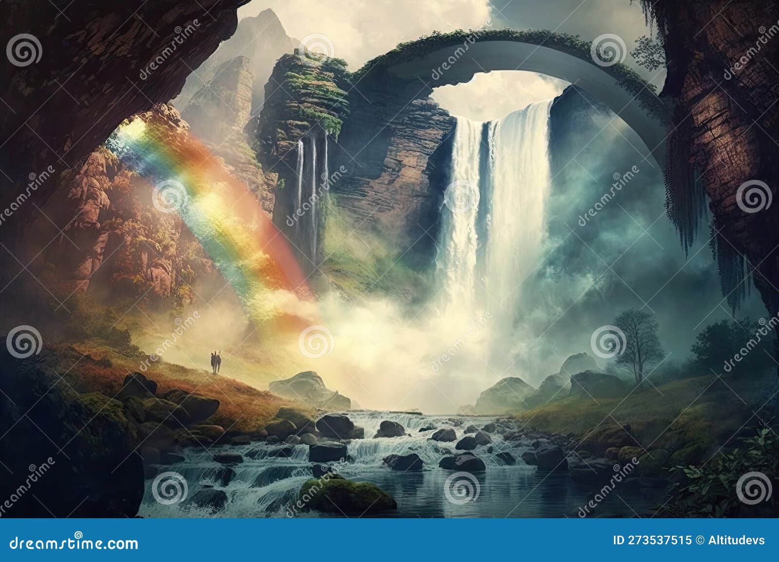 A Magical Waterfall with a Rainbow, Surrounded by Mist and Greenery ...