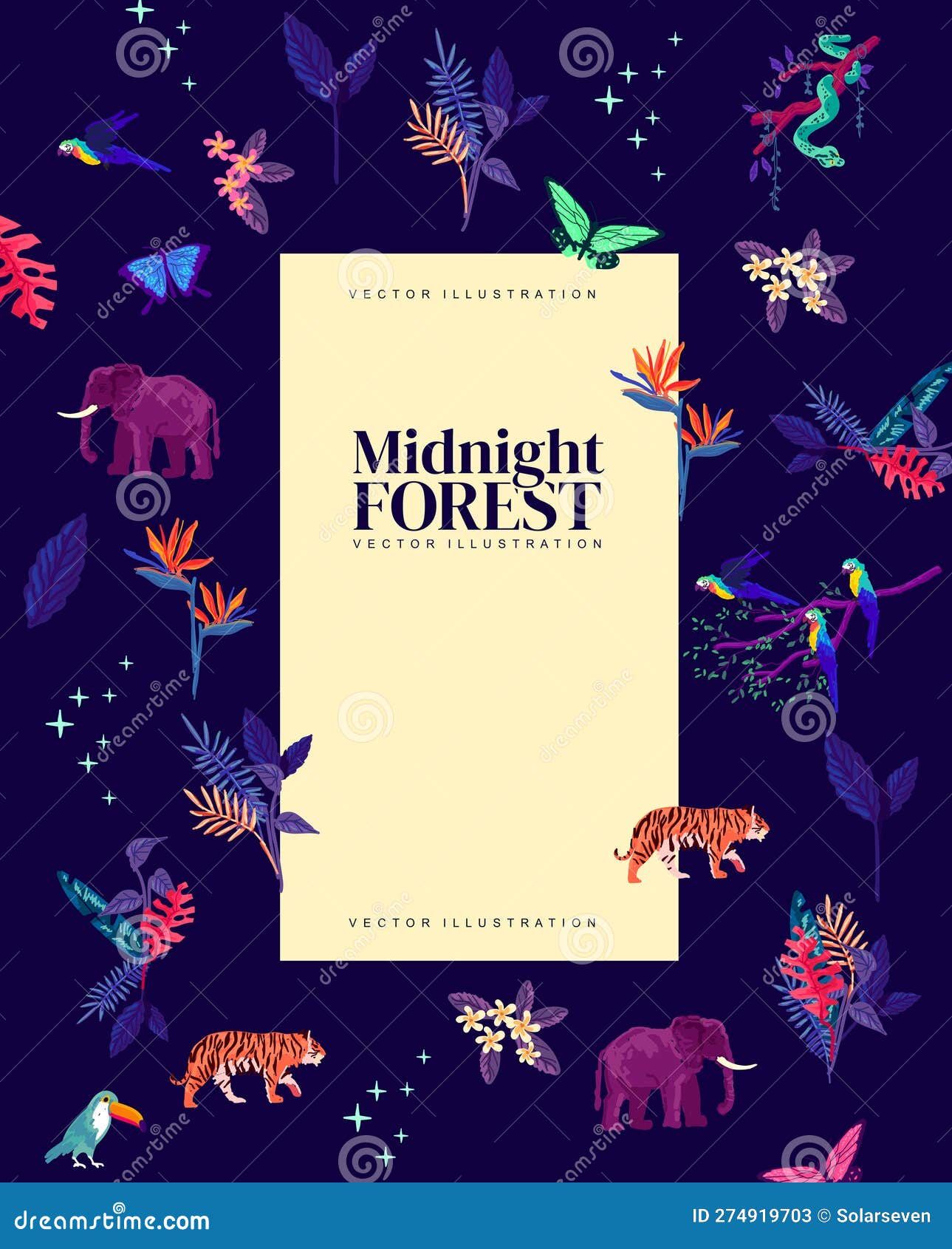 Magical Wild Midnight Rainforest Elements Layout Stock Vector ...