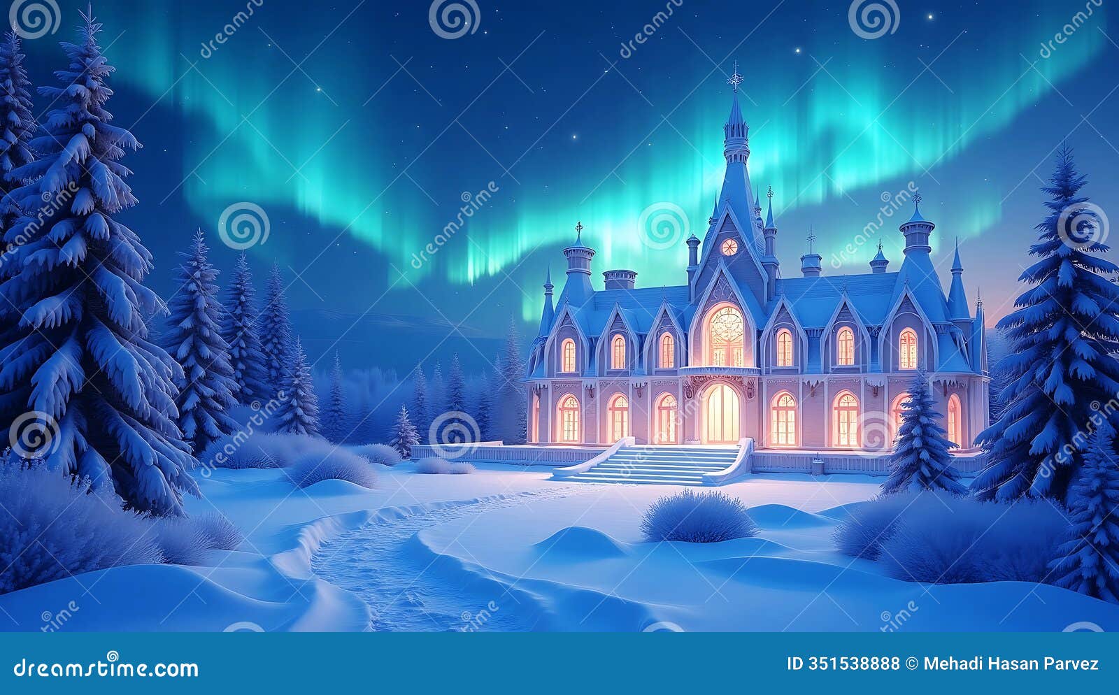 Magical Winter Castle with Aurora Borealis Stock Illustration ...