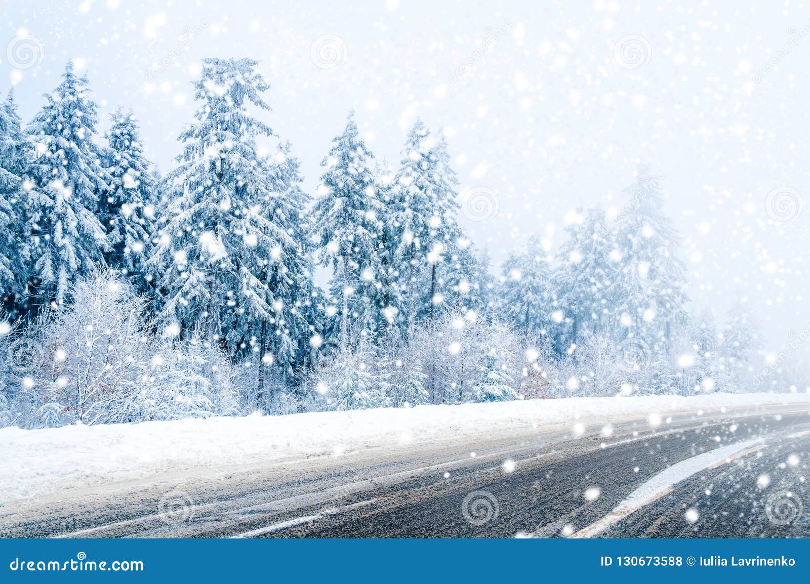 Magical Winter Road, Snow Covered Trees and Falling Snow Stock Photo ...
